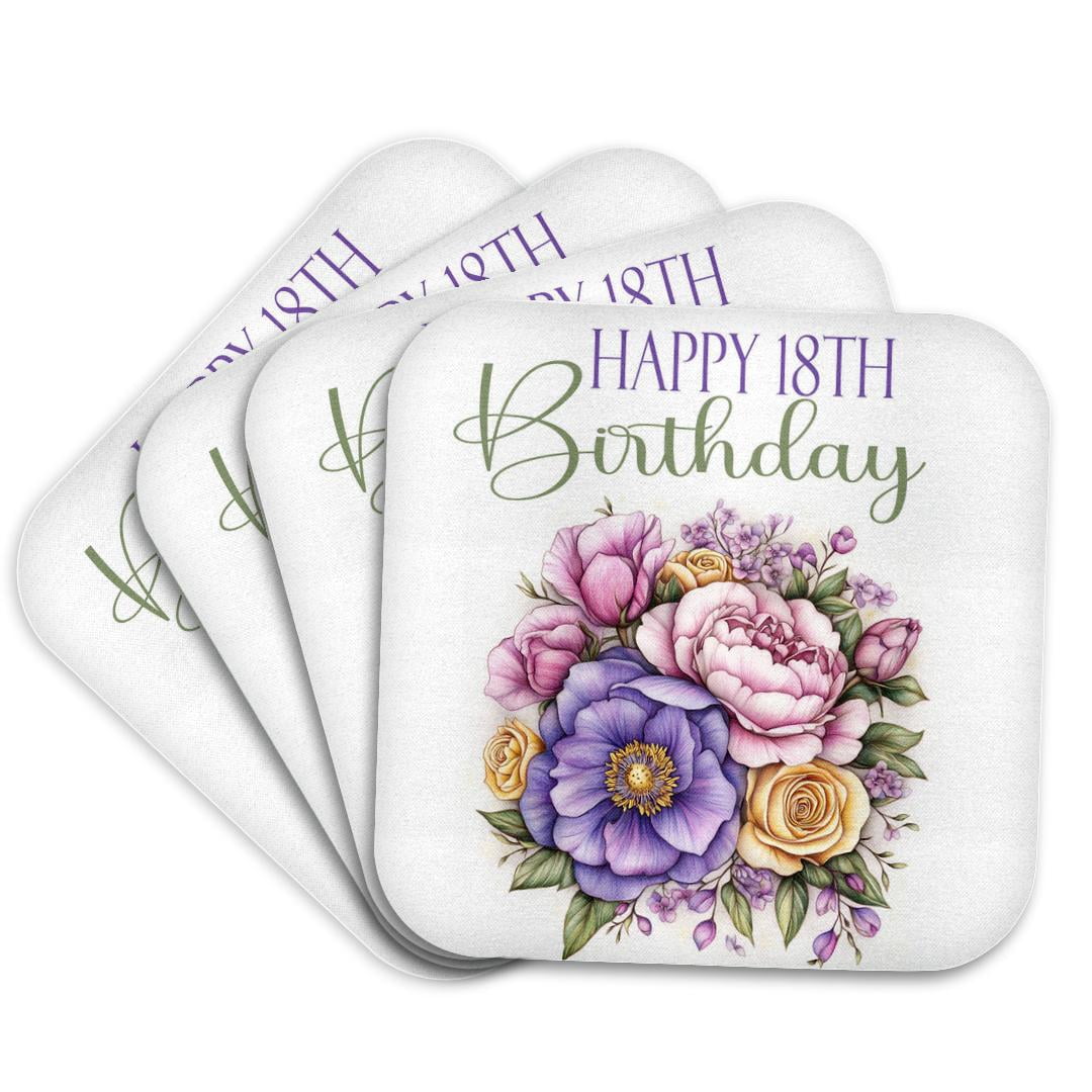 3drose, Pink and Purple Peony Happy 18th Birthday, Set of 4 Coasters ...