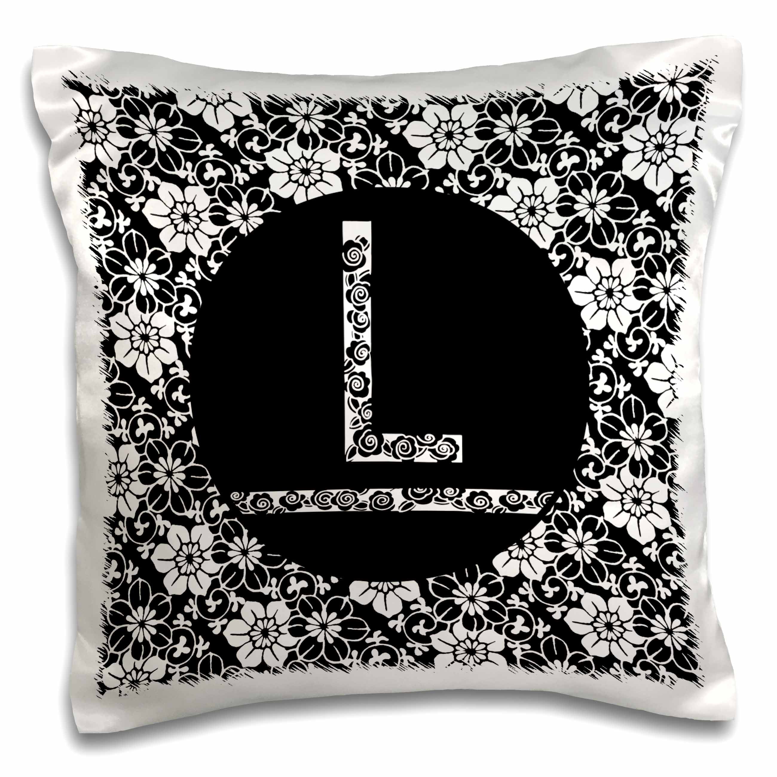 3drose, Pretty Black and White Floral Monogram Letter L, 16x16 inch ...