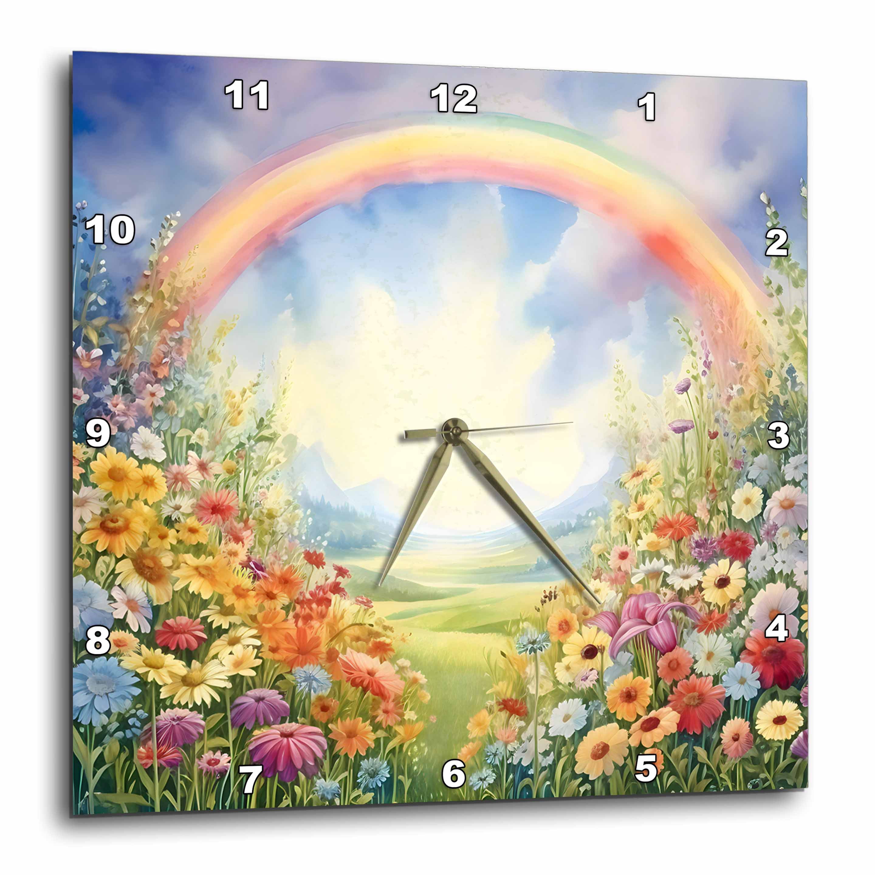 3drose, Pretty Flower Field with a Rainbow Background, 15x15 Wall Clock ...