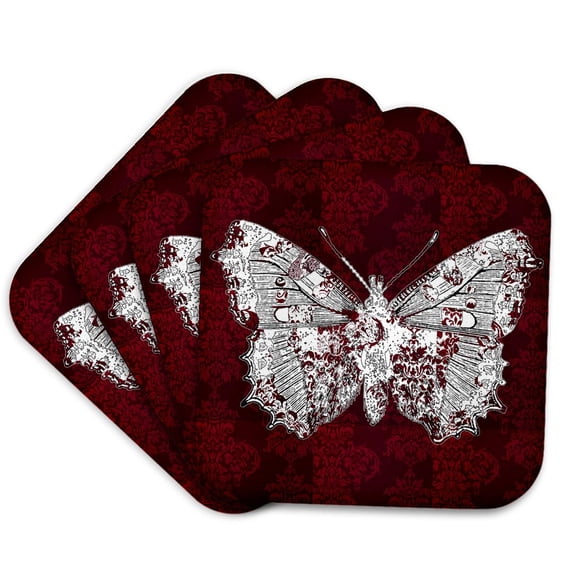 3drose, Pretty Lacey Butterfly on a Ruby Red Damask Background, Set of ...