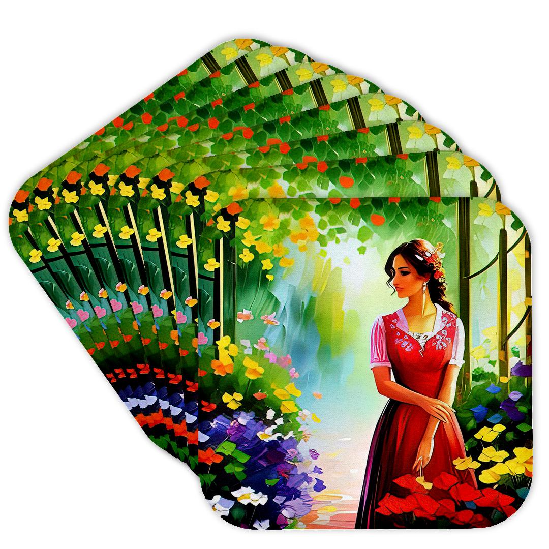 3drose, Pretty Lady in Red Dress in the Summer Garden of Colorful ...