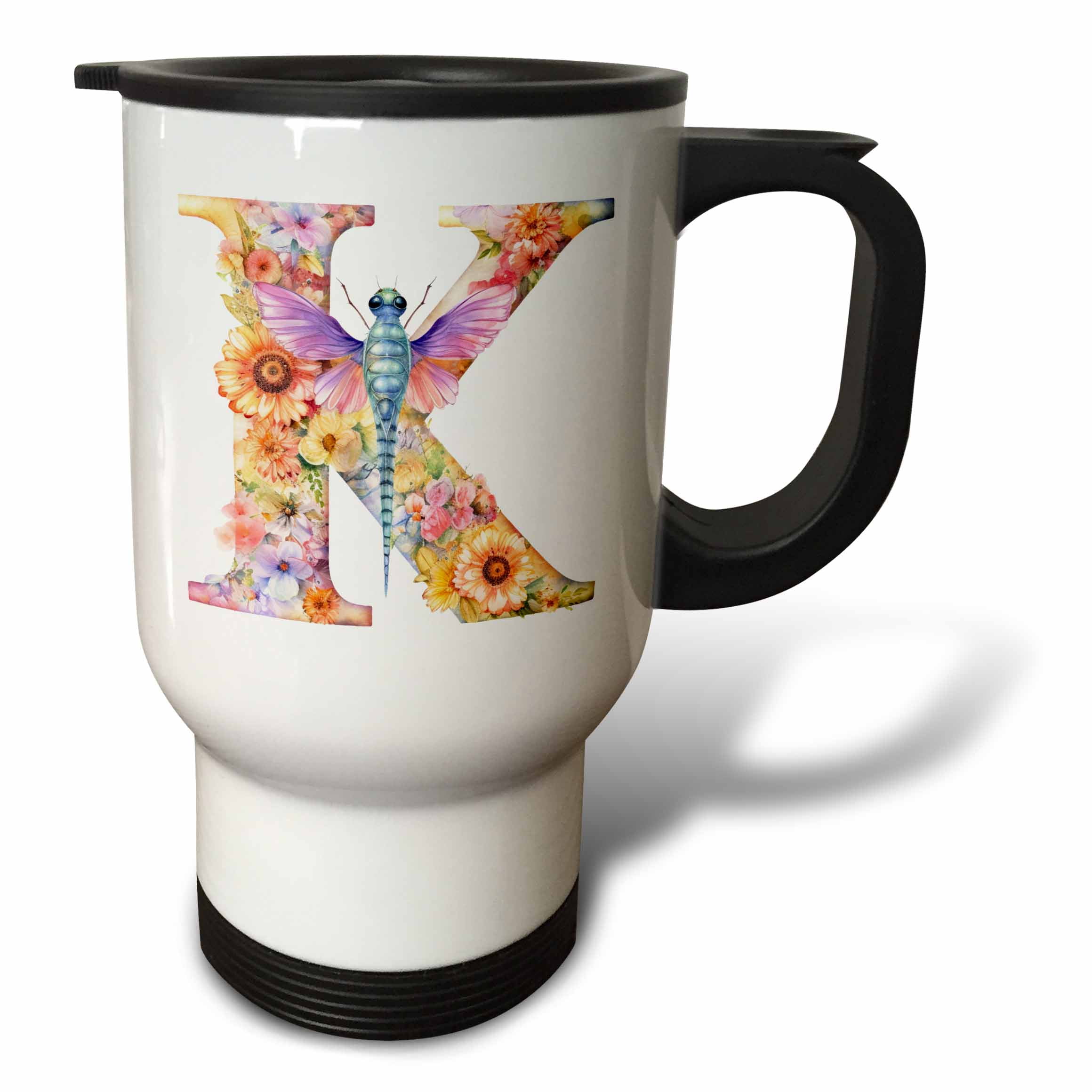 3drose, Pretty Pastel Floral Insect Monogram Initial K, 14oz Stainless ...