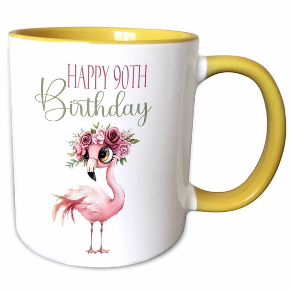 3drose, Pretty Pink Flamingo Happy 90th Birthday, 15oz Two-tone Yellow ...