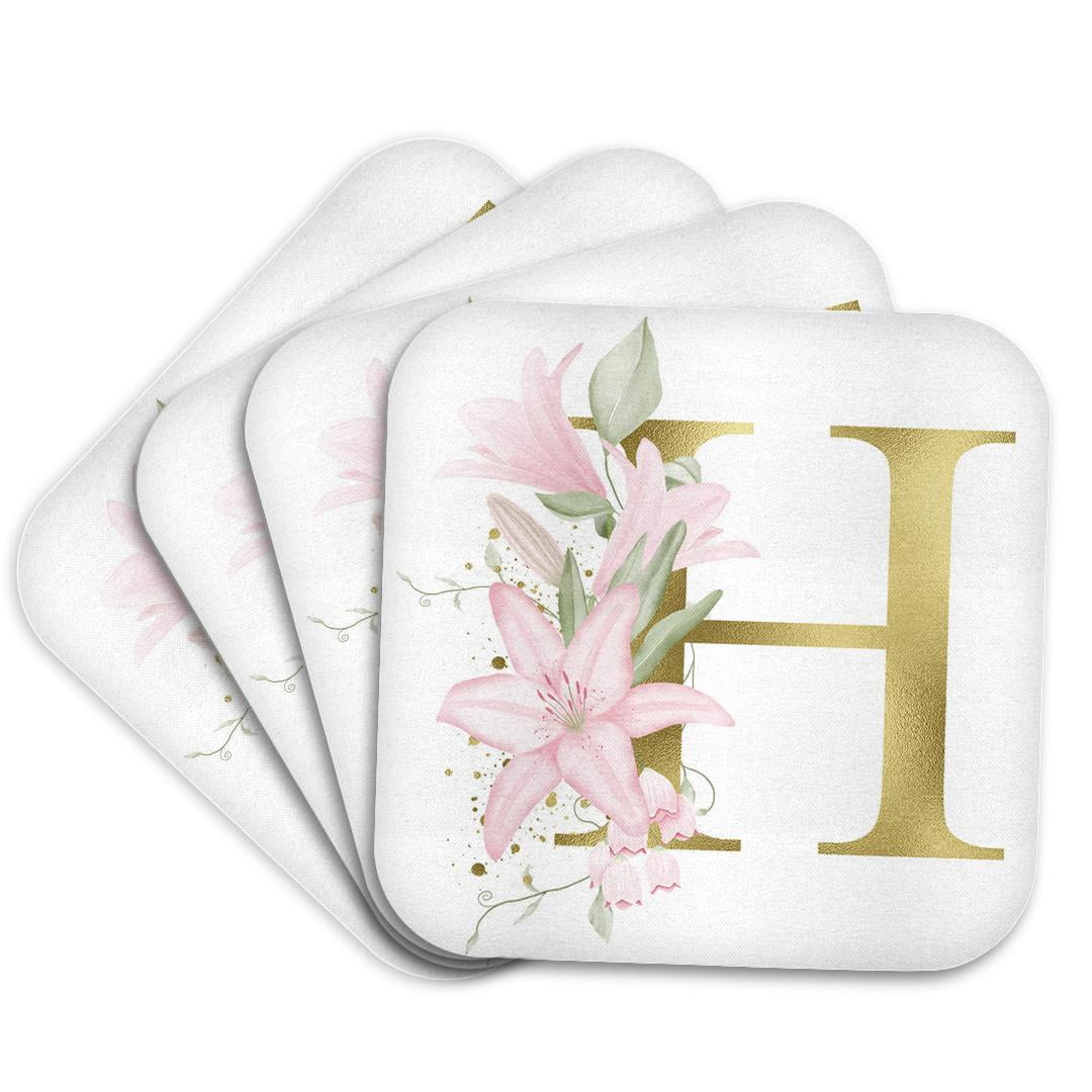 3drose, Pretty Pink Lily Floral Image of Gold Monogram Initial H, Set ...