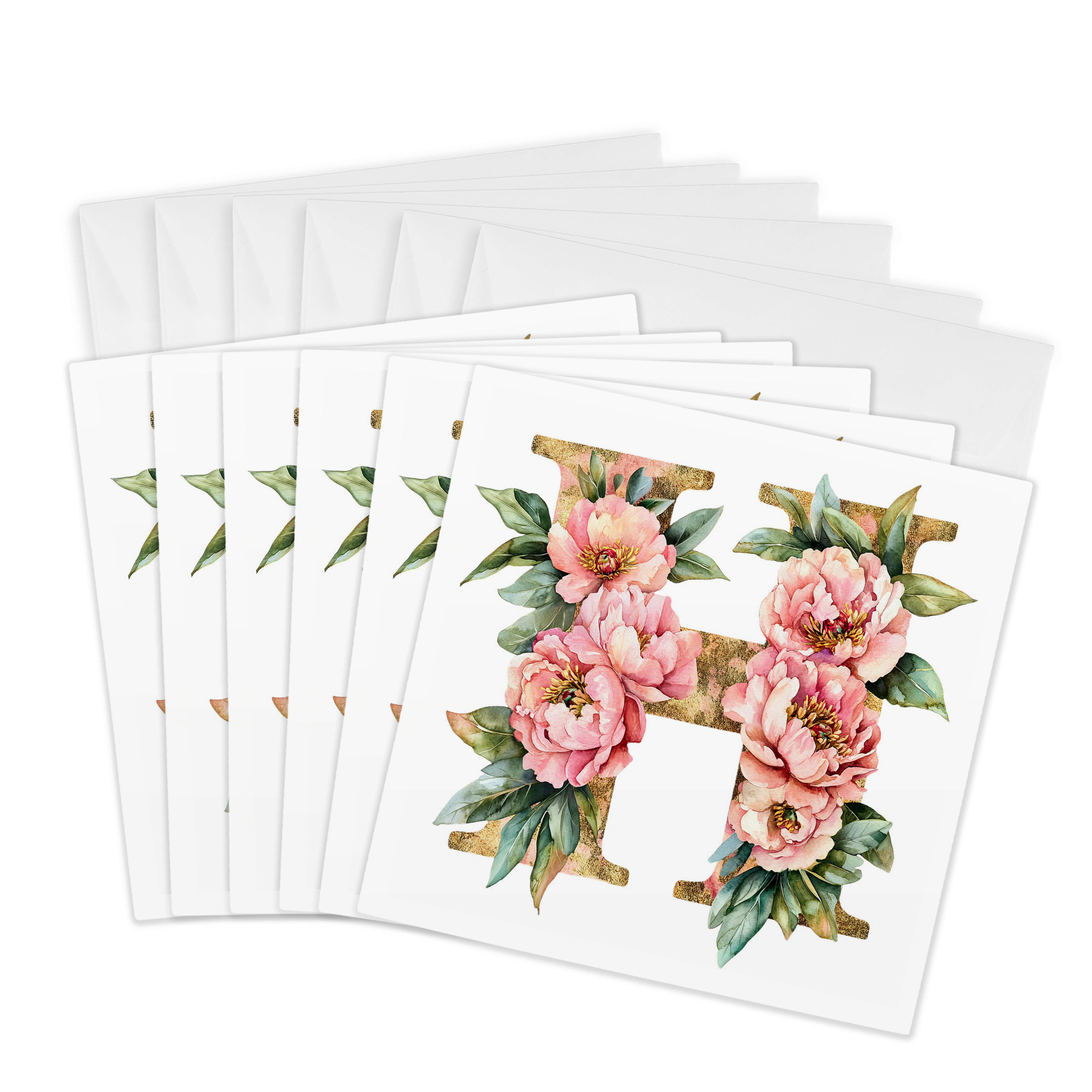 3drose, Pretty Pink Peony Floral Monogram Initial H, 6 Greeting Cards ...