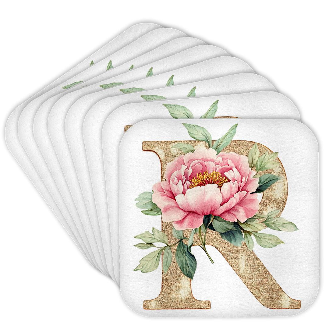 3drose, Pretty Pink Peony Floral Monogram Initial R, Set of 8 Coasters ...