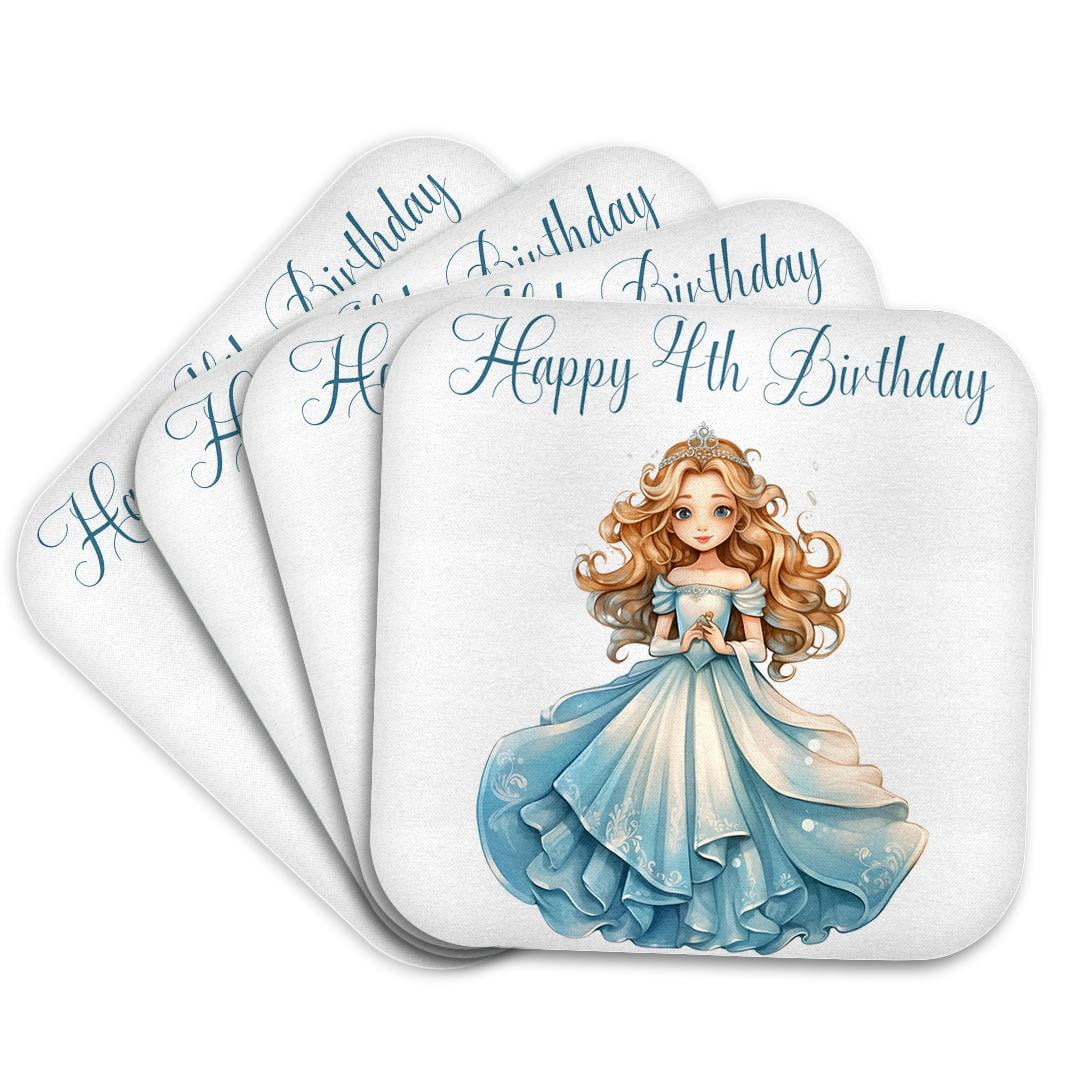 3drose, Pretty Princess Happy 4th Birthday, Set of 4 Coasters - Cork ...
