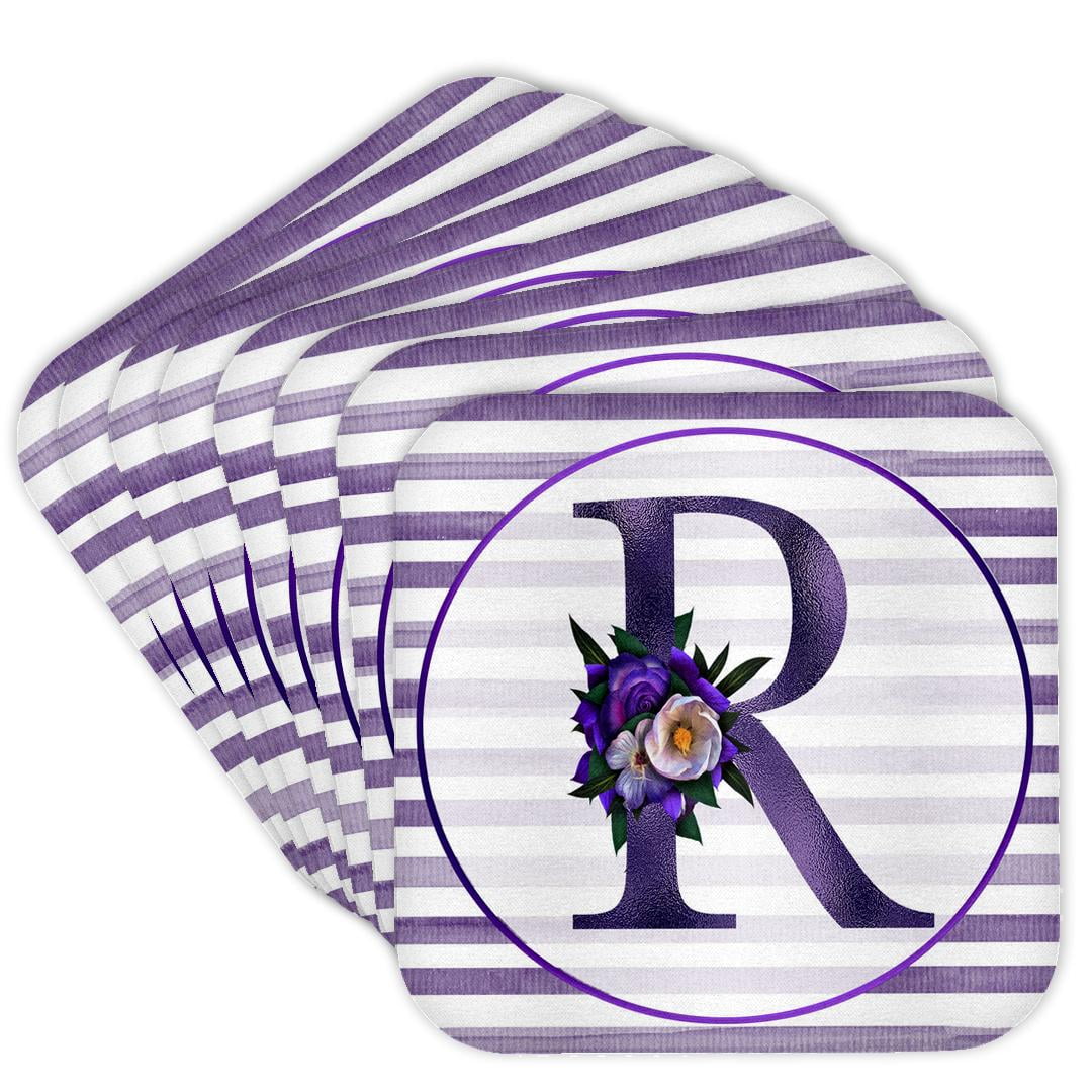 3drose, Pretty Purple Floral and Stripes Monogram Initial R, Set of 8 ...