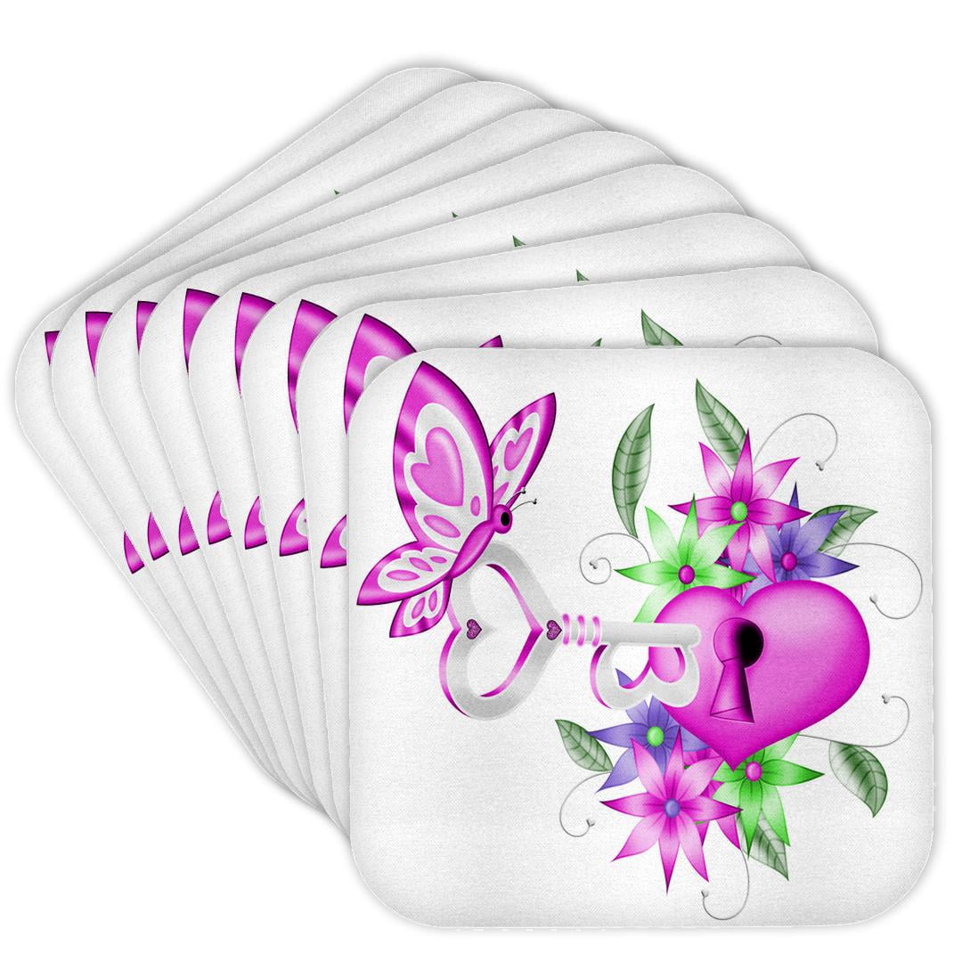 3drose, Pretty Purple Heart Lock and Key with Butterfly Floral ...