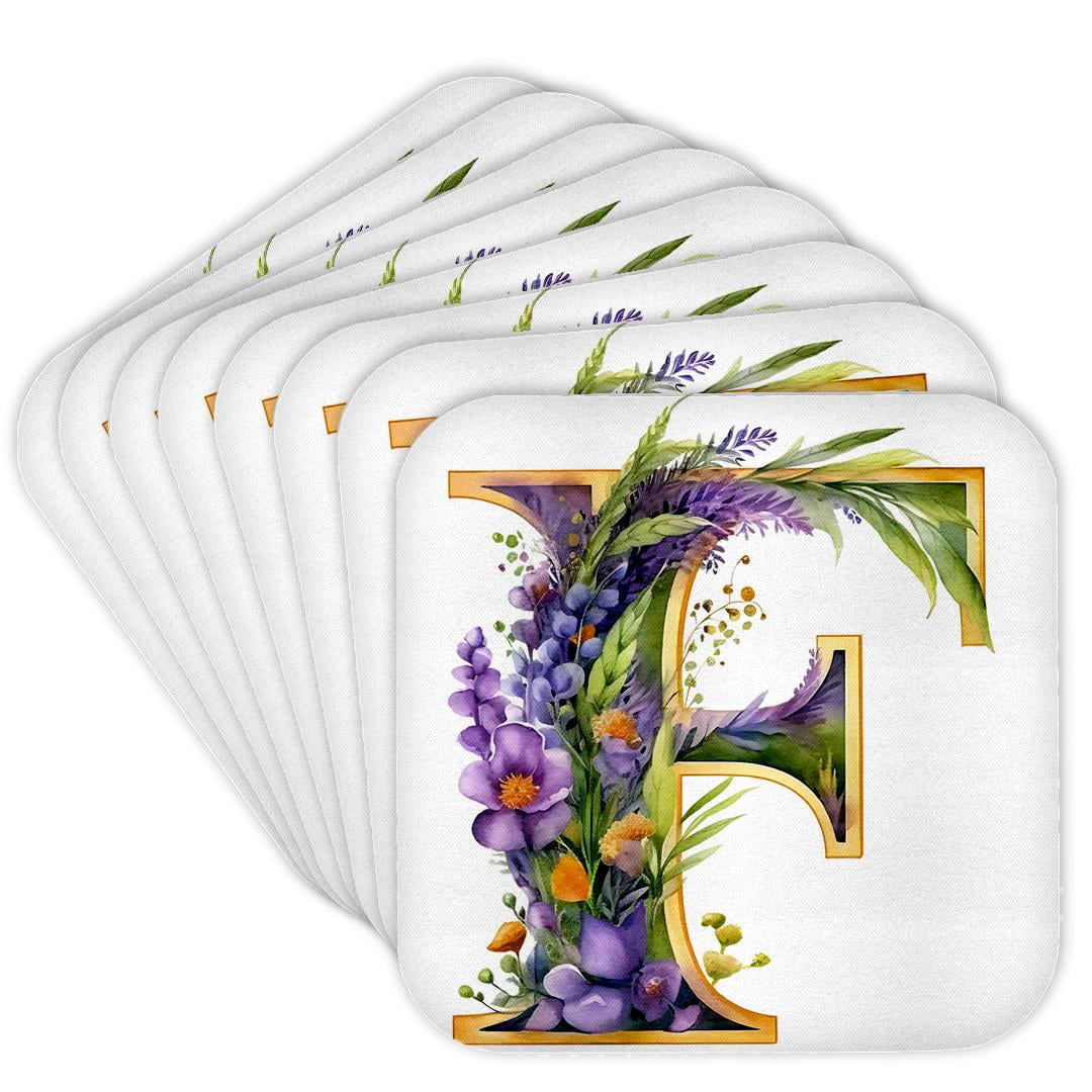 3drose, Pretty Purple and Image of Gold Floral Monogram F, Set of 8 ...