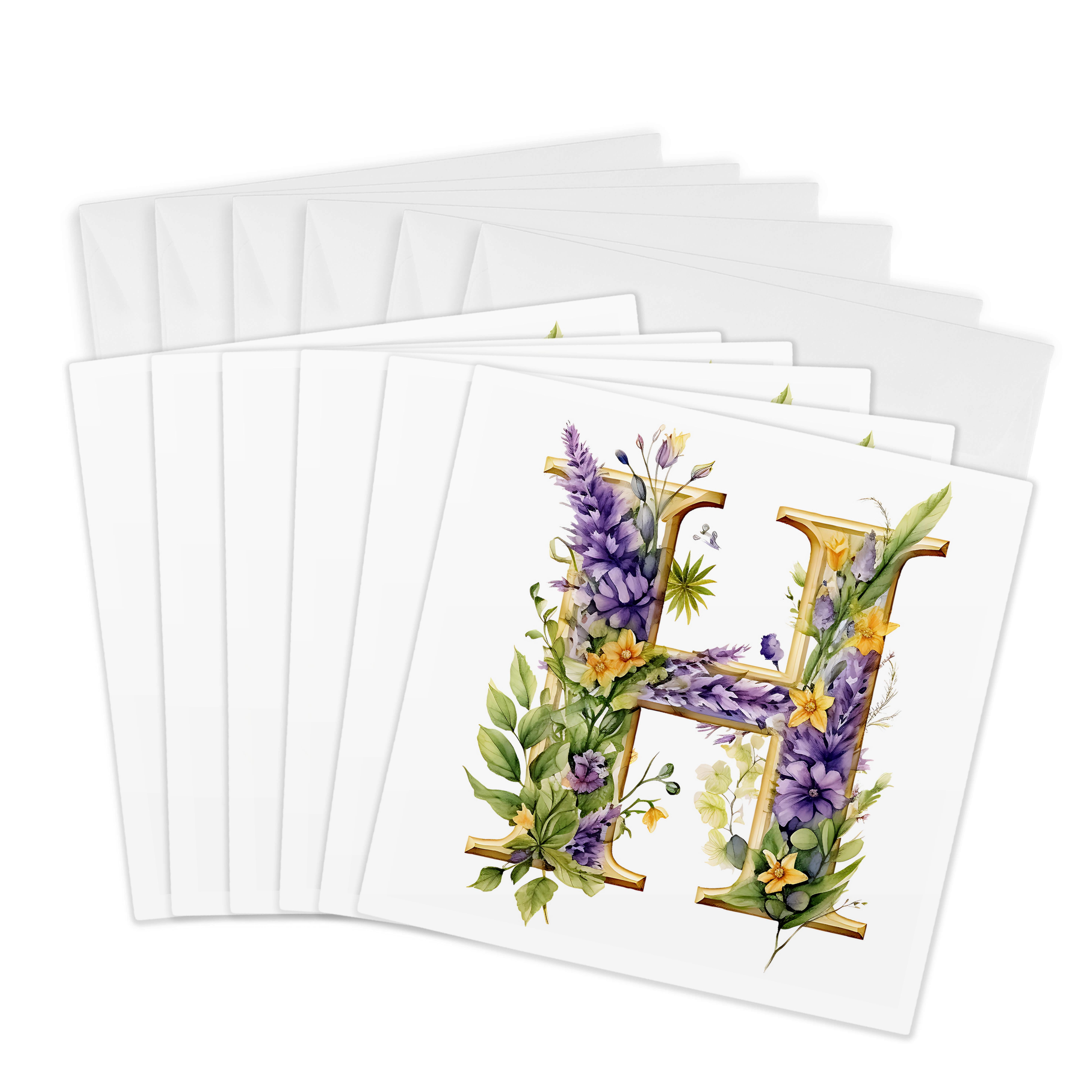 3drose, Pretty Purple and Image of Gold Floral Monogram H, 6 Greeting ...