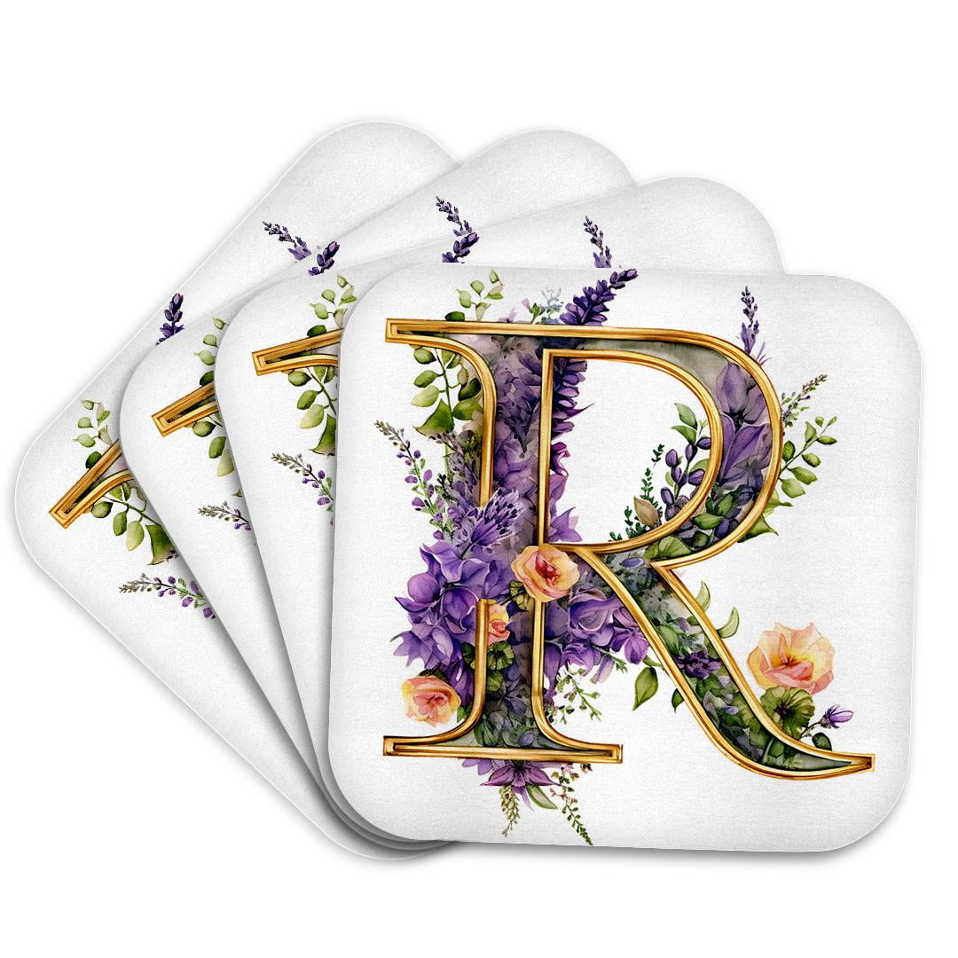 3drose, Pretty Purple and Image of Gold Floral Monogram R, Set of 4 ...
