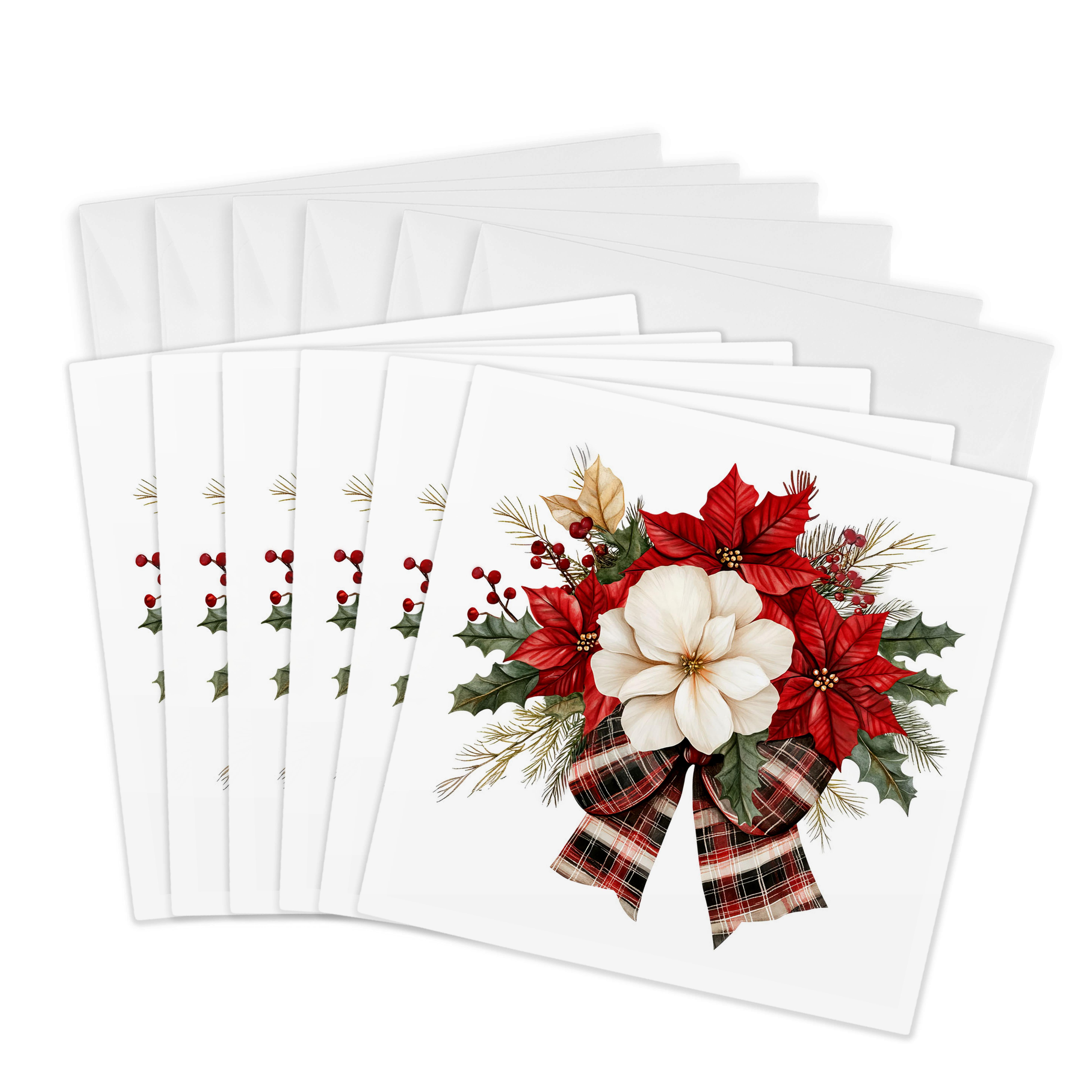 3drose, Pretty Red Poinsettia and Floral with a Plaid Bow, 6 Greeting ...
