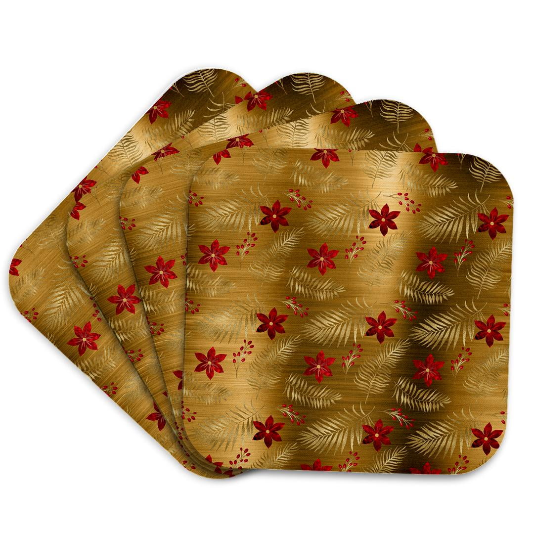 3drose, Pretty Red and Faux Gold Flowers and Leaves Pattern, Set of 4 ...
