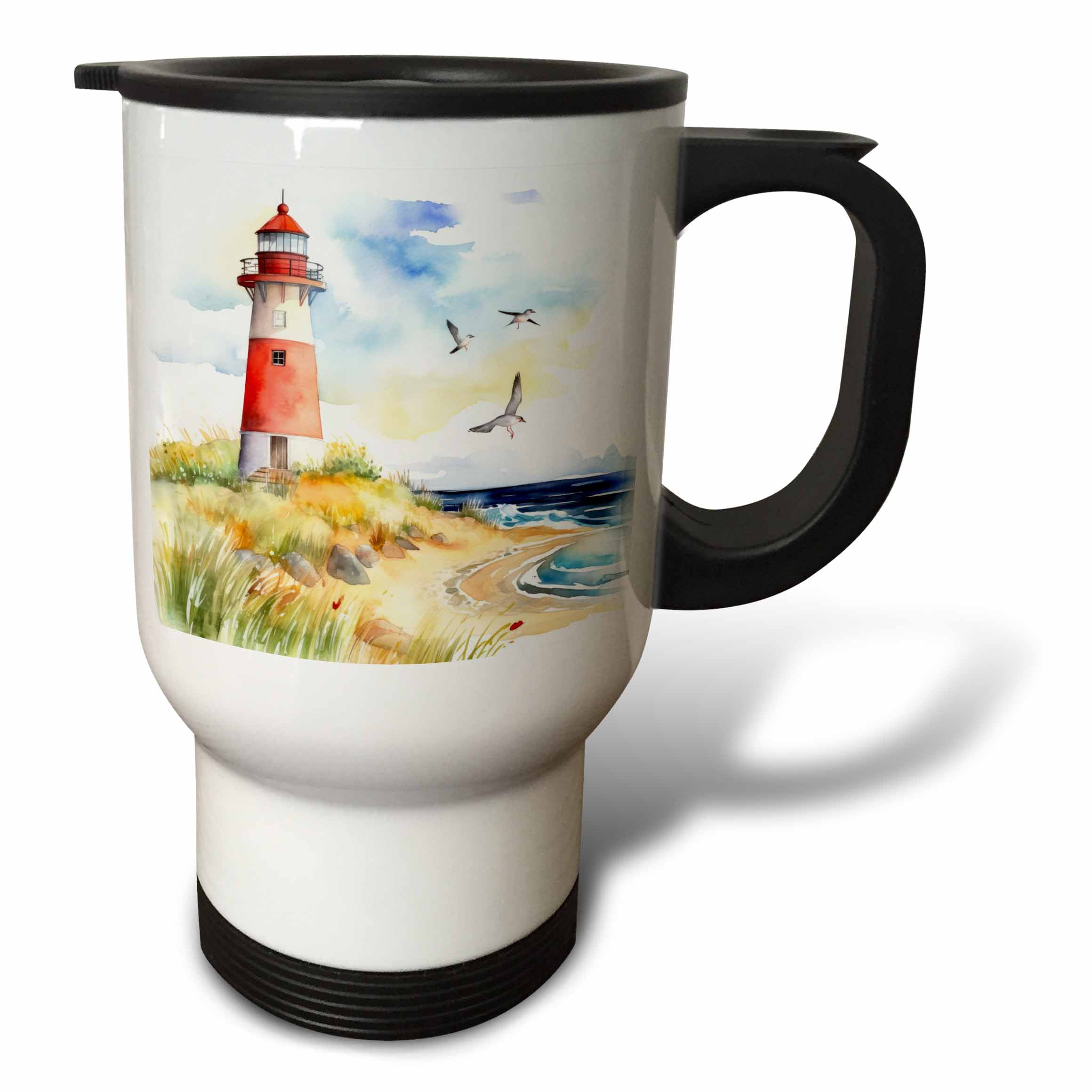 3drose, Pretty Red and White Lighthouse Beach Scene, 14oz Stainless ...