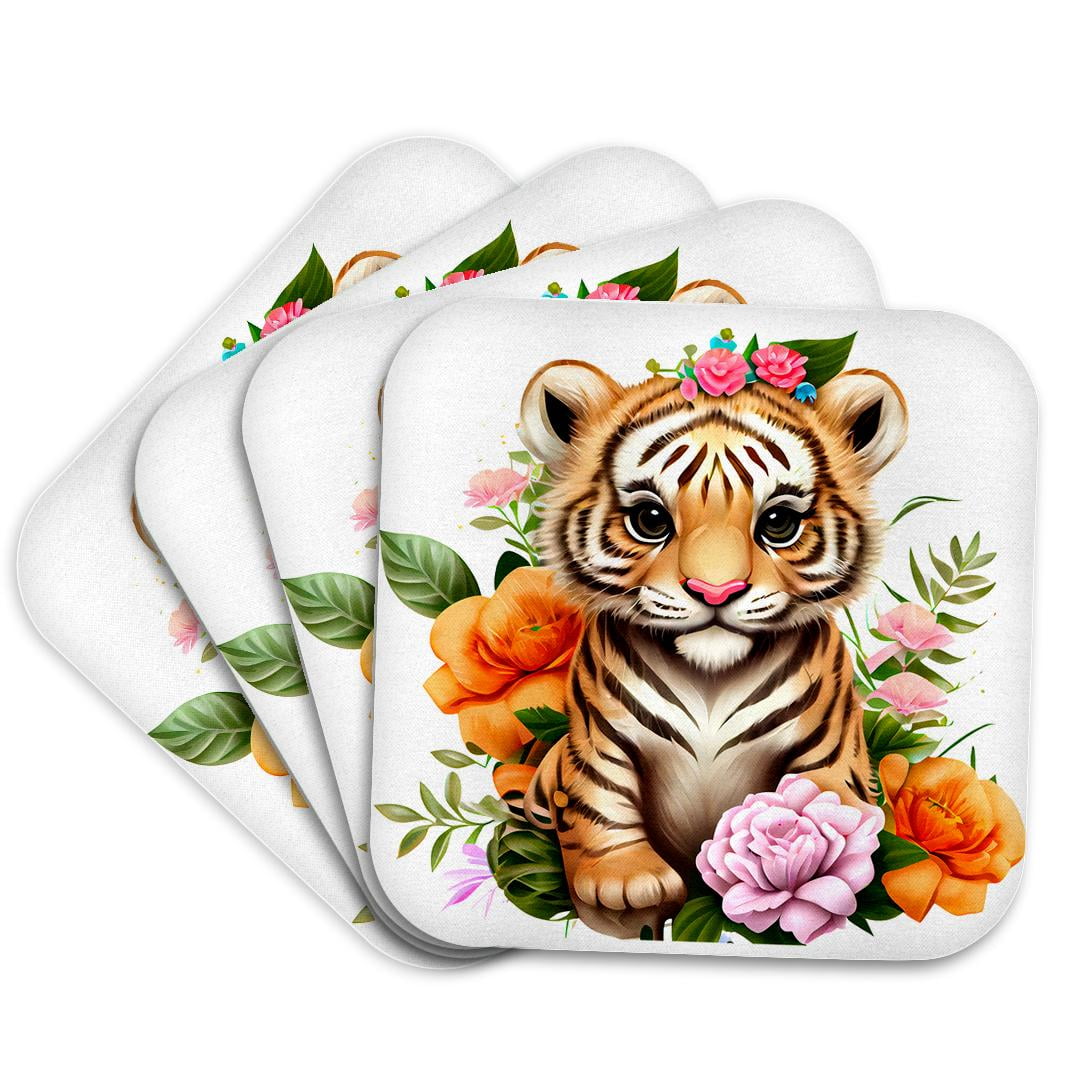 3drose, Pretty Tiger Cub with Flowers Illustration, Set of 4 Coasters ...