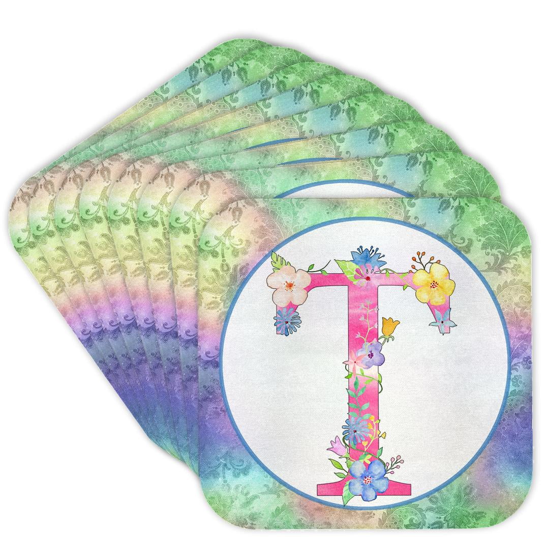 3drose, Pretty Whimsical Pink Flower Monogram Initial T, Set of 8 ...