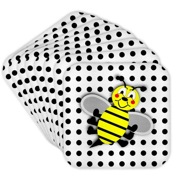 3drose, Print of Cute Bumble Bee Cartoon on Dots, Set of 8 Coasters ...