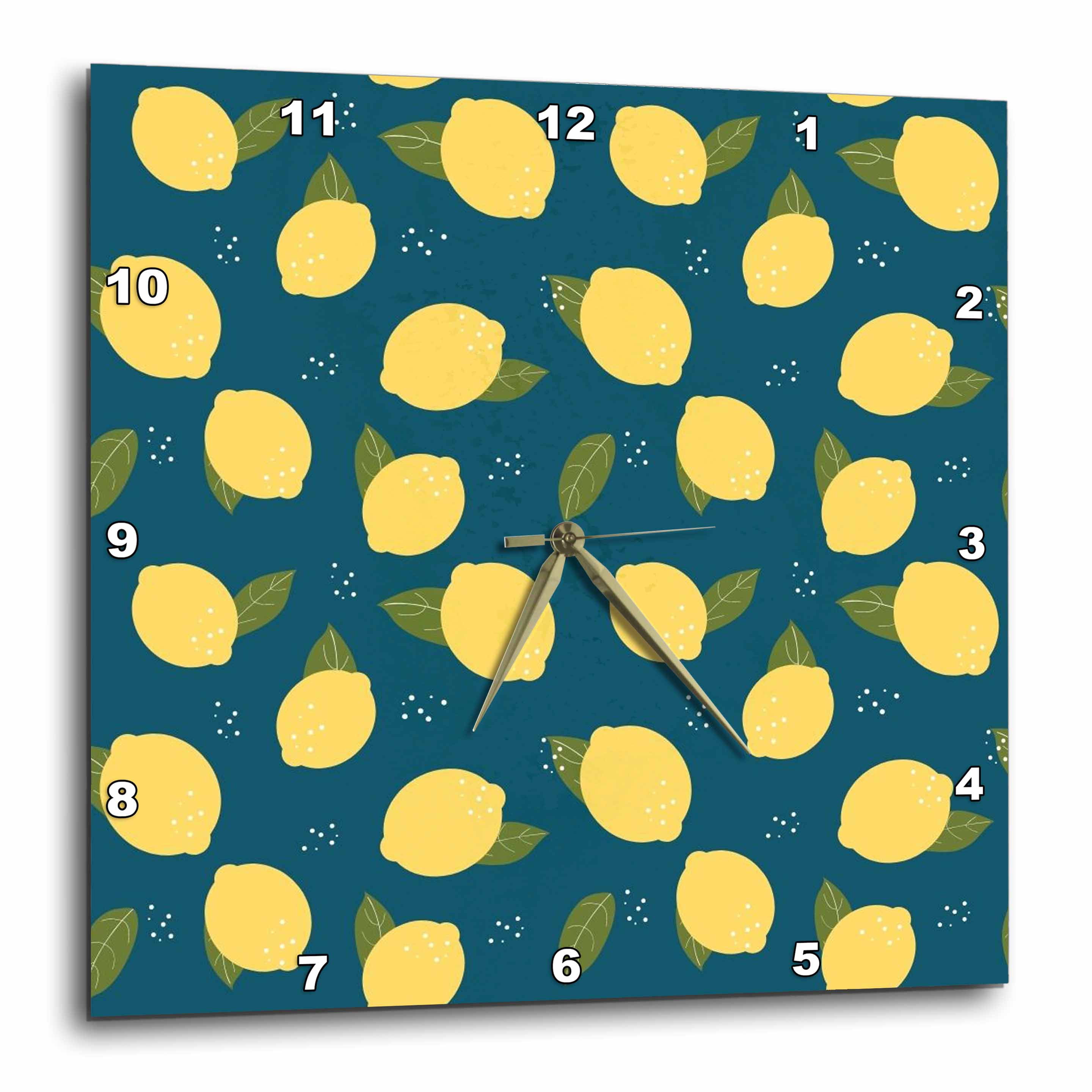 3drose, Printed Lemon on Deep Blue Background, 13x13 Wall Clock ...