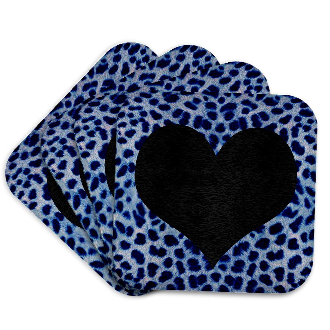 3drose, Punk Rockabilly Blue Cheetah Animal Print Black Heart, Set of 4 ...