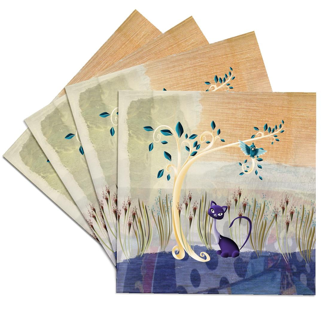 3drose, Purple Cat under Tree with Aqua Blue Bird on Branch, Pretty ...