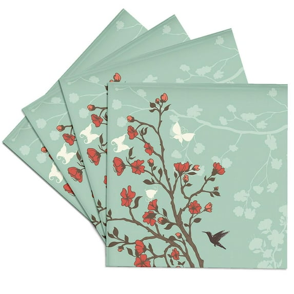 3drose, Red Cherry Blossoms with Hummingbirds Against a Blue Background ...