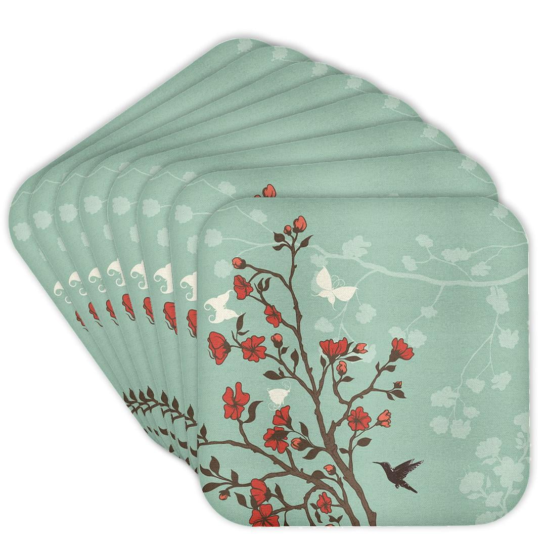 3drose, Red Cherry Blossoms with Hummingbirds Against a Blue Background ...