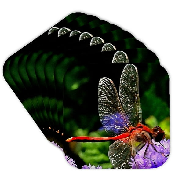 3drose, Red Dragonfly on Violet Purple Flowers, Set of 8 Coasters ...