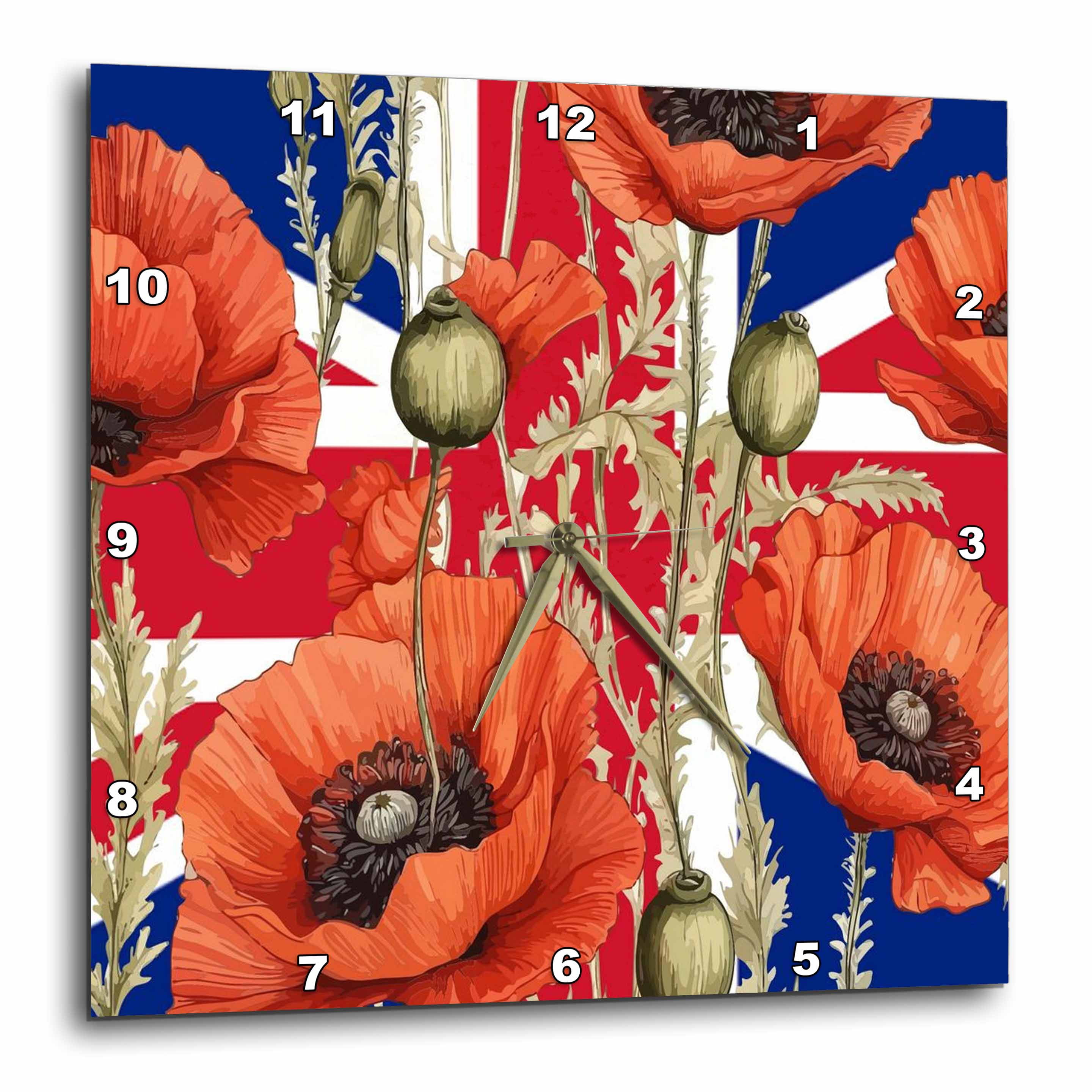 3drose, Red Poppies with Union Jack Background, 10x10 Wall Clock ...