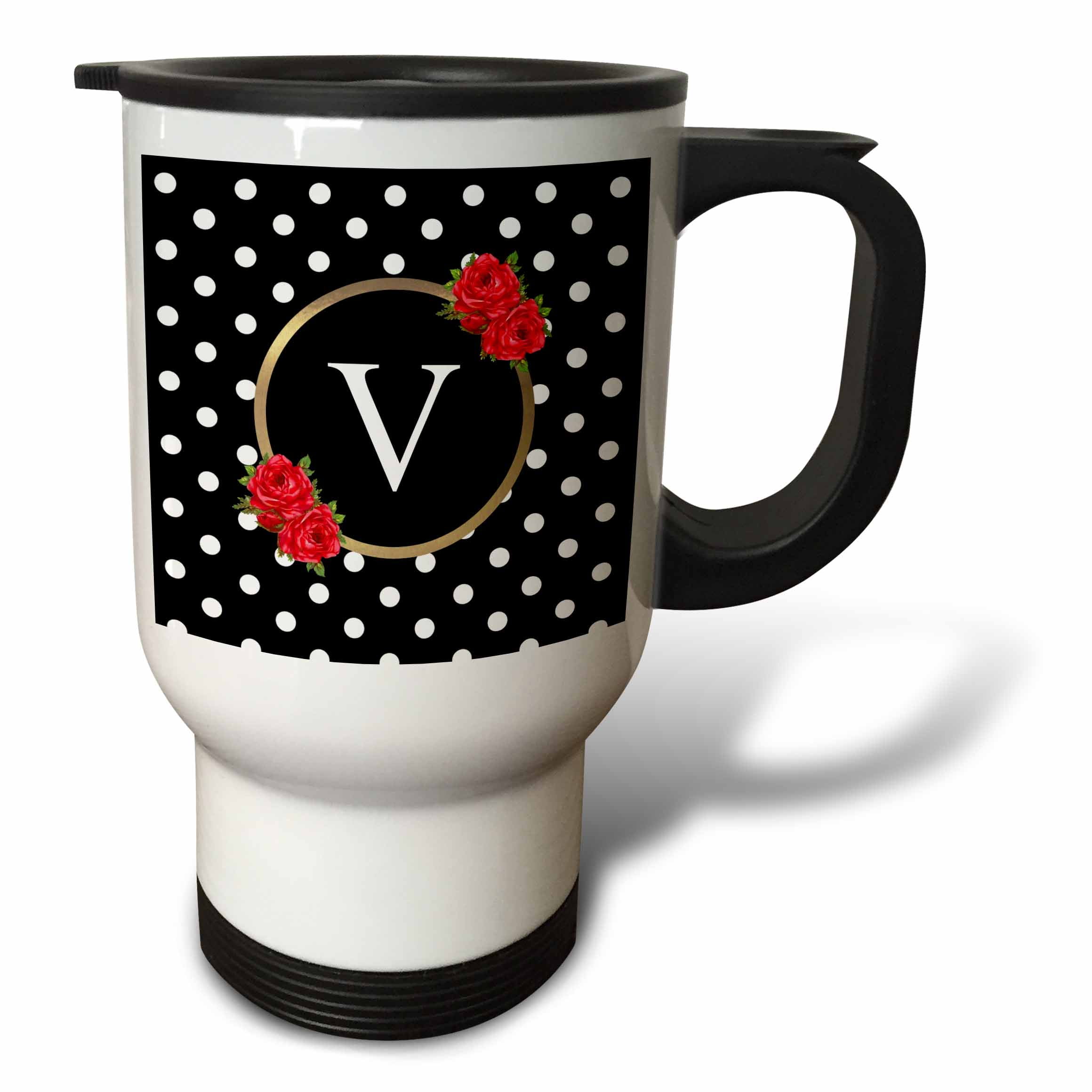 3drose, Red Rose Letter V Monogram Black and White Polka Dots with ...