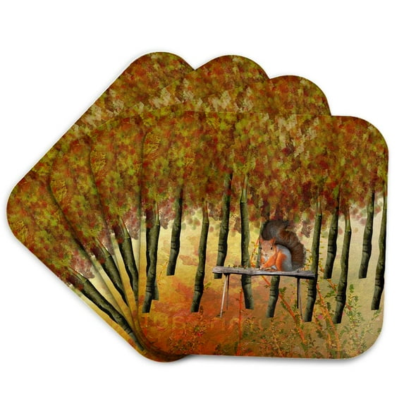 3drose, Red Squirrel on Small Bench, Forest of Trees Background, Set of ...