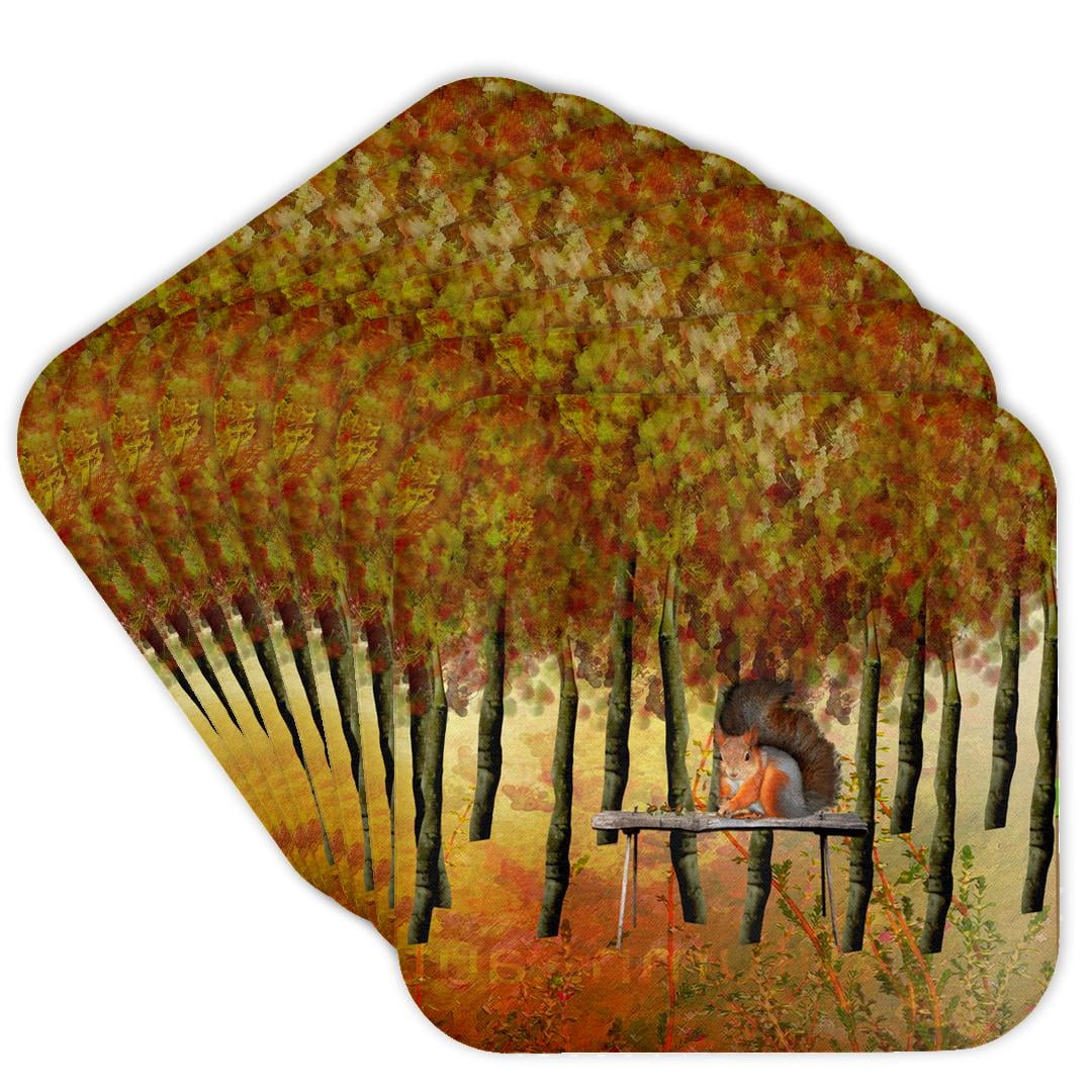 3drose, Red Squirrel on Small Bench, Forest of Trees Background, Set of ...