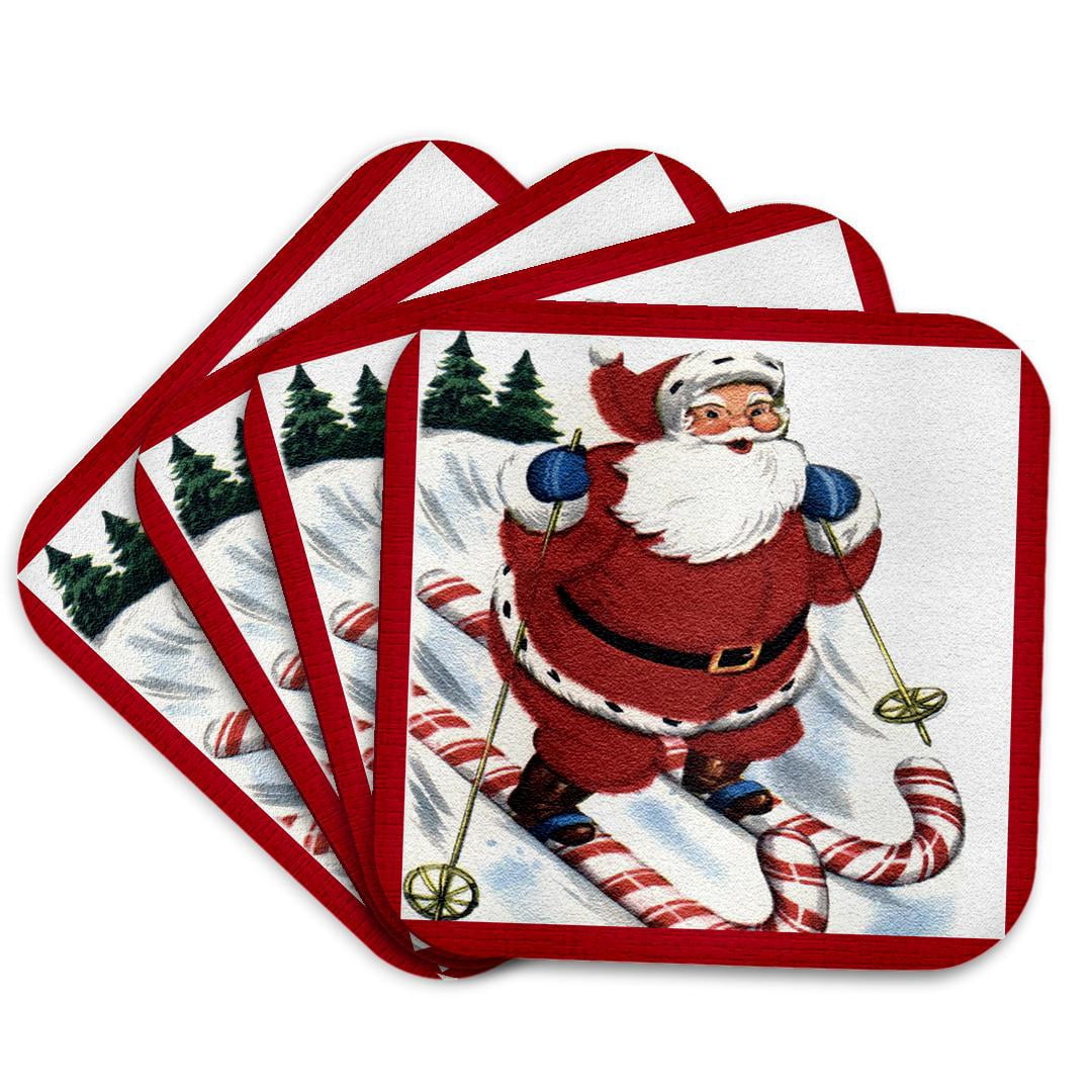 3drose, Santa Snow Skiing on Candy Cane Skis, Set of 4 Coasters - Cork ...