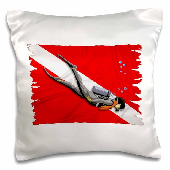 3drose, Scuba Diver in Front of a Red and White Dive Flag., 16x16 inch ...