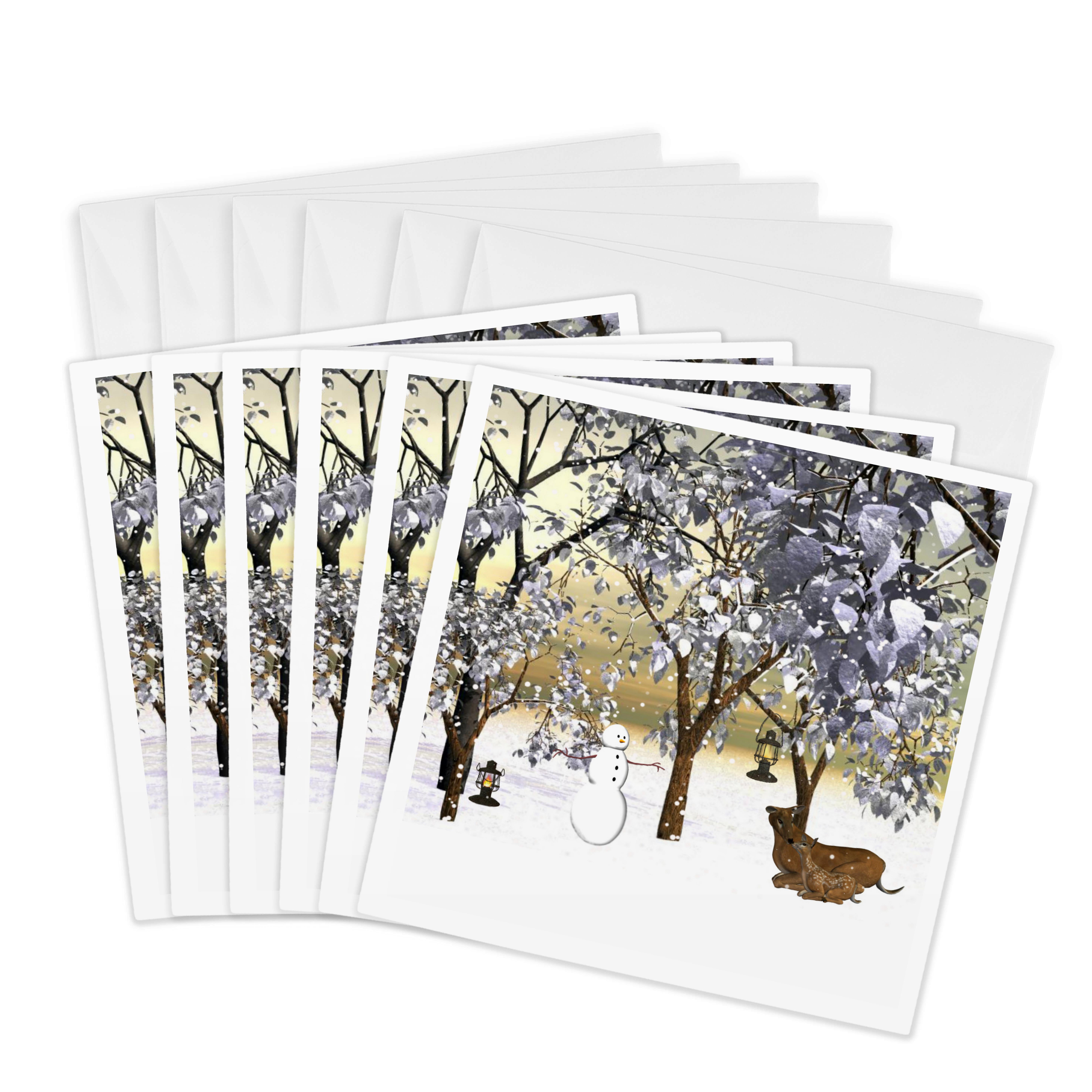 3drose, Snowman and Deer Family in Winter Wonderland, 6 Greeting Cards ...