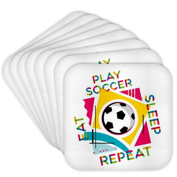 3drose, Soccer Ball, Colorful Text Eat, Sleep, Play Soccer, Repeat, Set of 8 Coasters - Cork ...