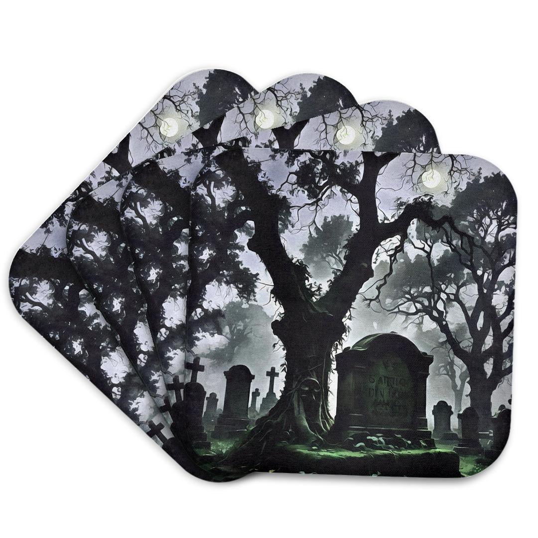 3drose, Spooky Moonlit Headstone in a Misty Graveyard with Bare Trees ...