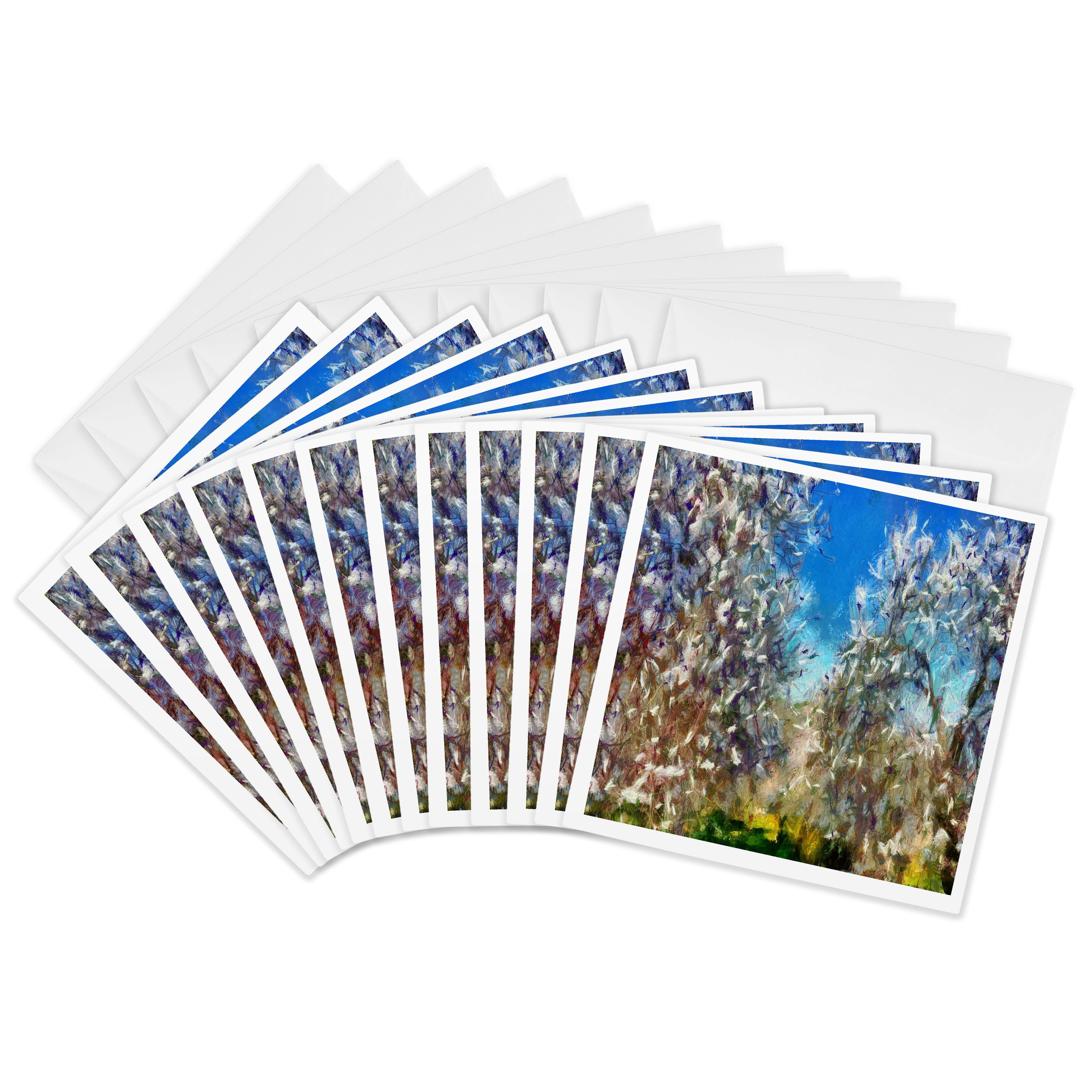 3drose, Spring Blossom Almond Tree Pointillism Artwork, 12 Greeting ...