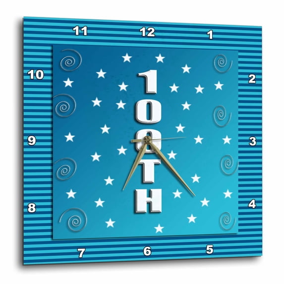 3drose, Stars and Curls on Blue Lined Pattern, 100th, 13x13 Wall Clock ...