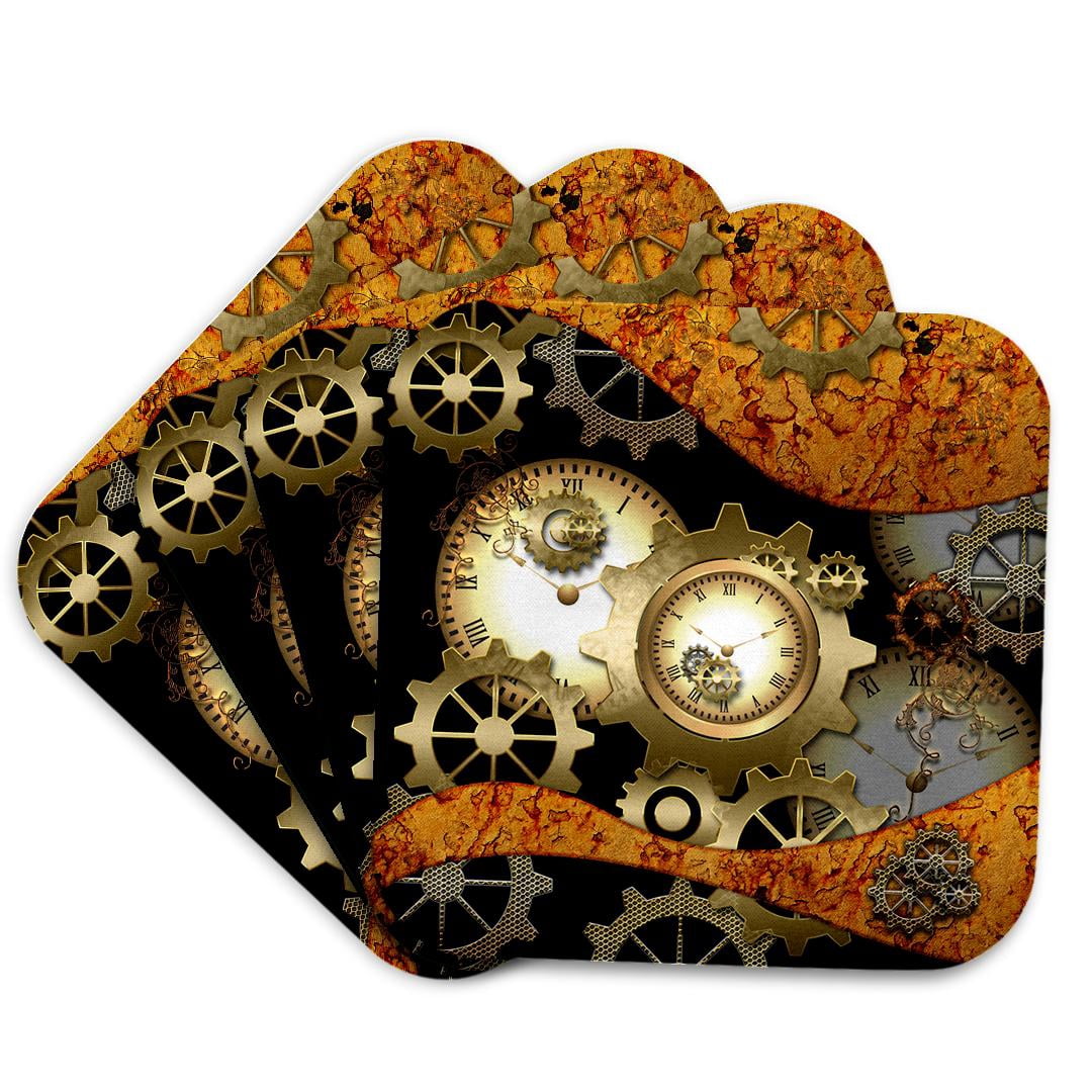 3drose, Steampunk, Clocks and Gears in Golden Colors, Set of 4 Coasters ...