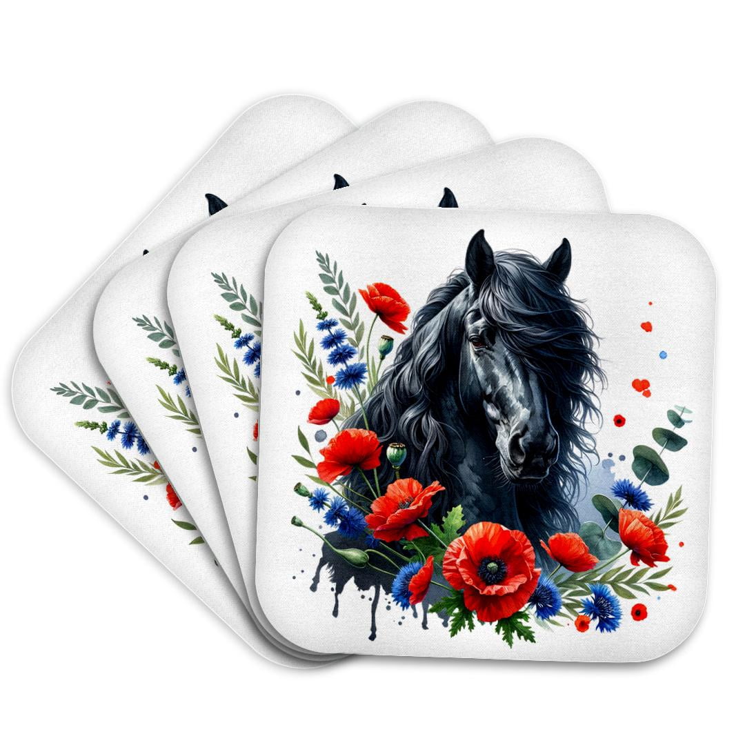 3drose, Stunning Black Horse Head, Poppy Flowers. Horse Lovers Art ...