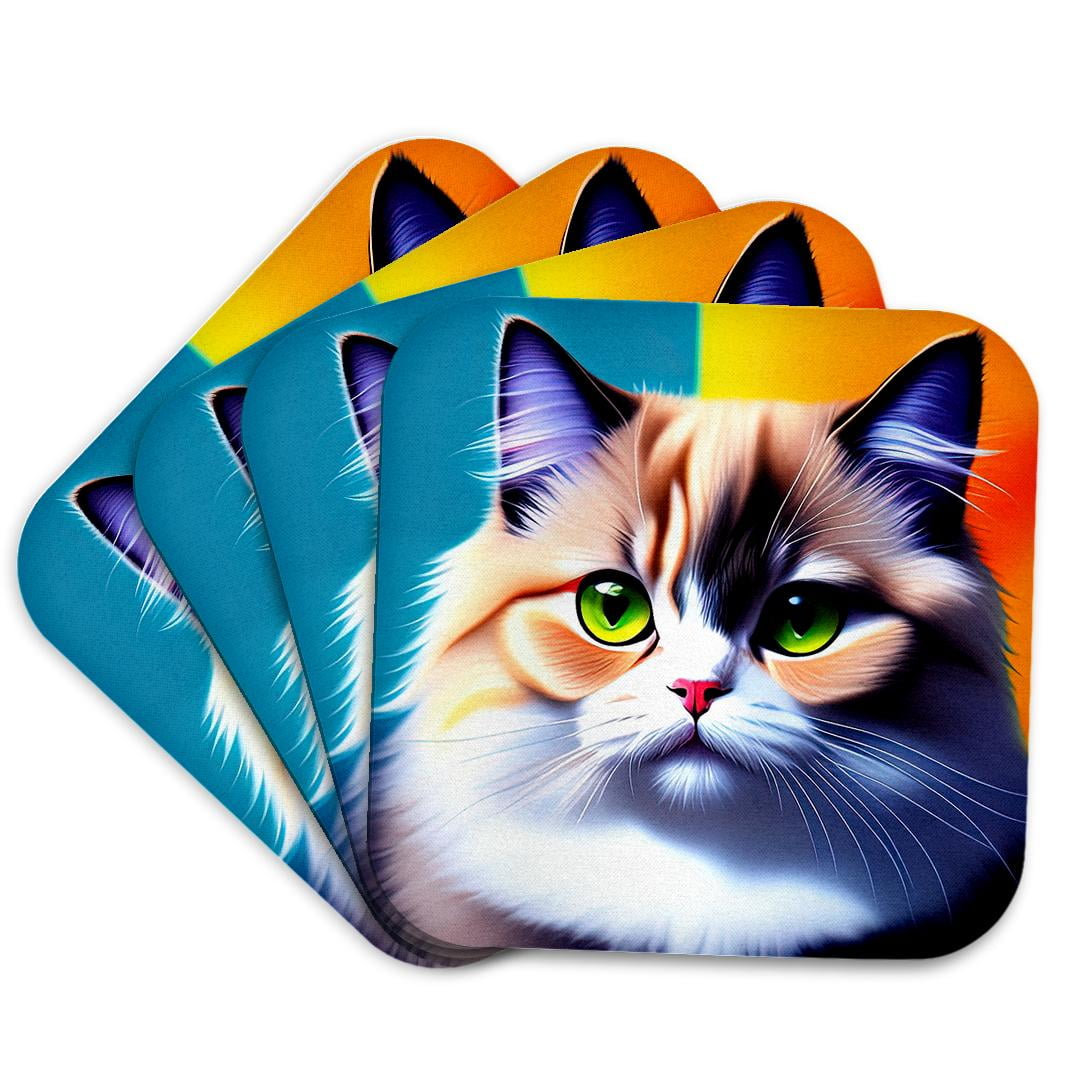 3drose, Stylish Persian Cat Face, Blue and Yellow Background. Digital ...