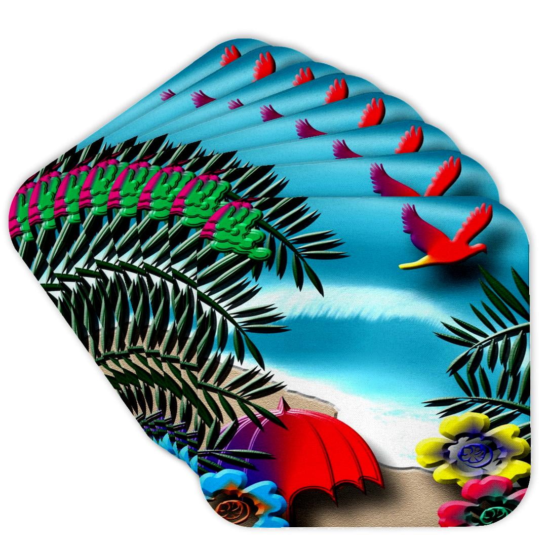 3drose, Stylized Tropical Scene Bright Colors, Set of 8 Coasters - Cork ...