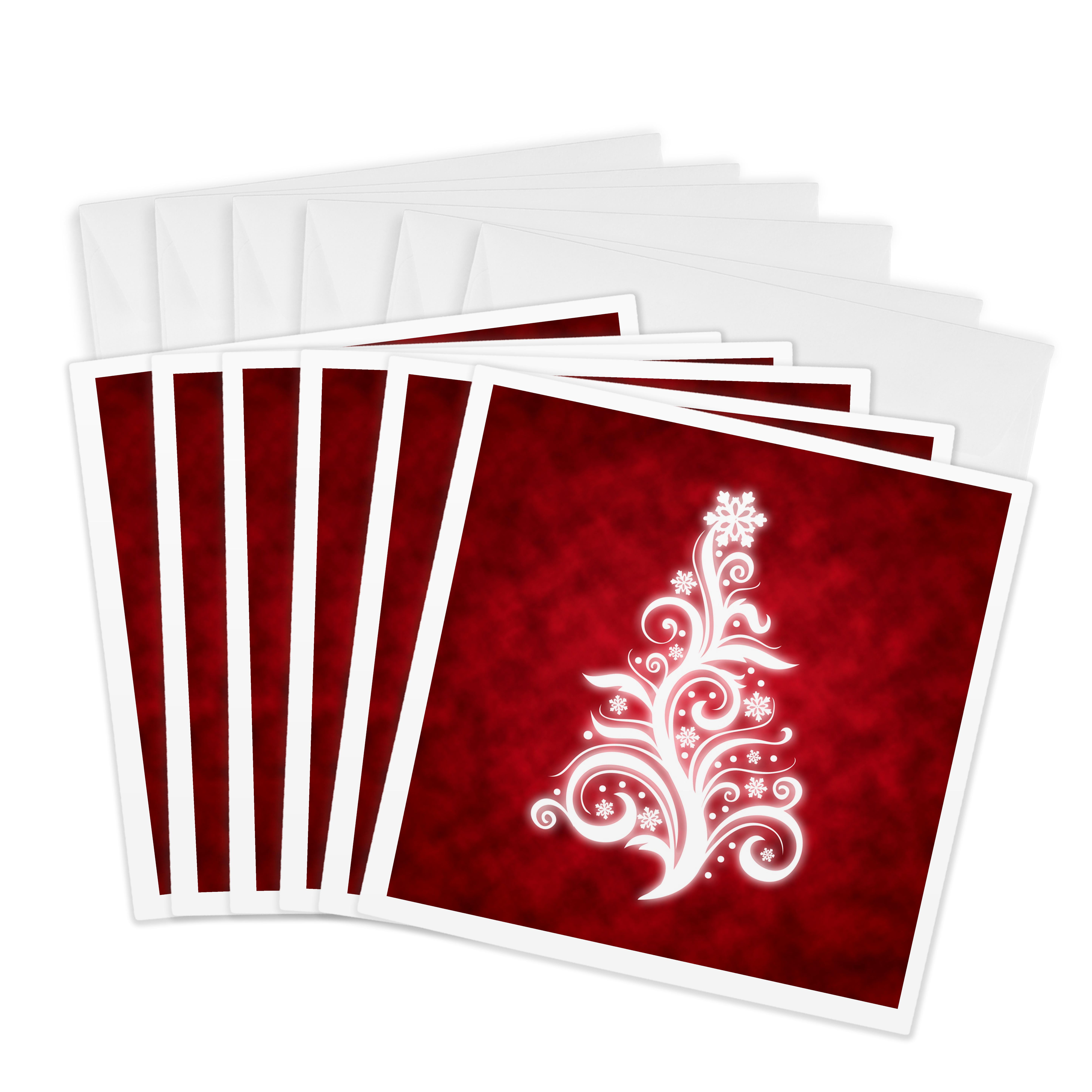 3drose, Swirly Christmas Tree on Red, 6 Greeting Cards with Envelopes ...