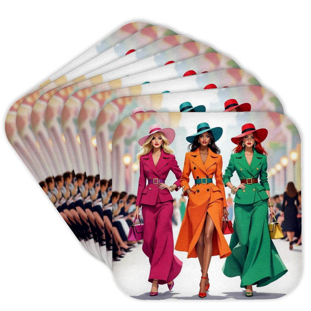 3drose, Three Elegant Girls in Red, Orange, Green on Fashion Runway Art ...