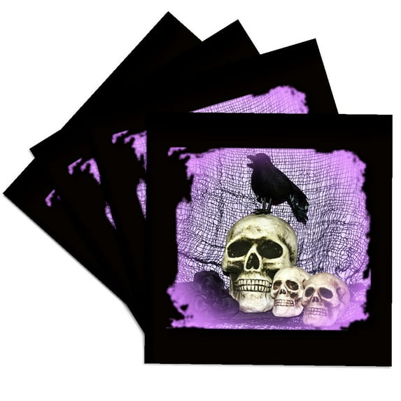 3drose, Three Skulls and Raven Skull with Raven, Set of 4 Ceramic Tile ...
