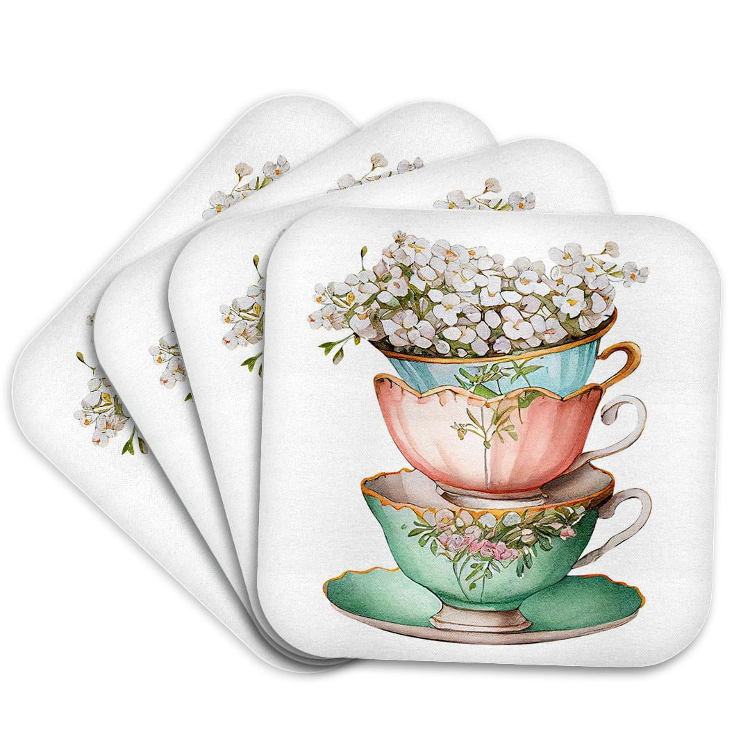 3drose, Three Tea Cups Full of Flowers Illustration, Set of 4 Coasters ...