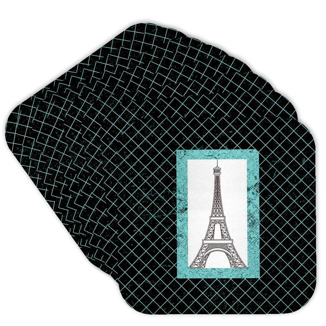 3drose, Turquoise Eiffel Tower on a Diamond Pattern Background, Set of ...