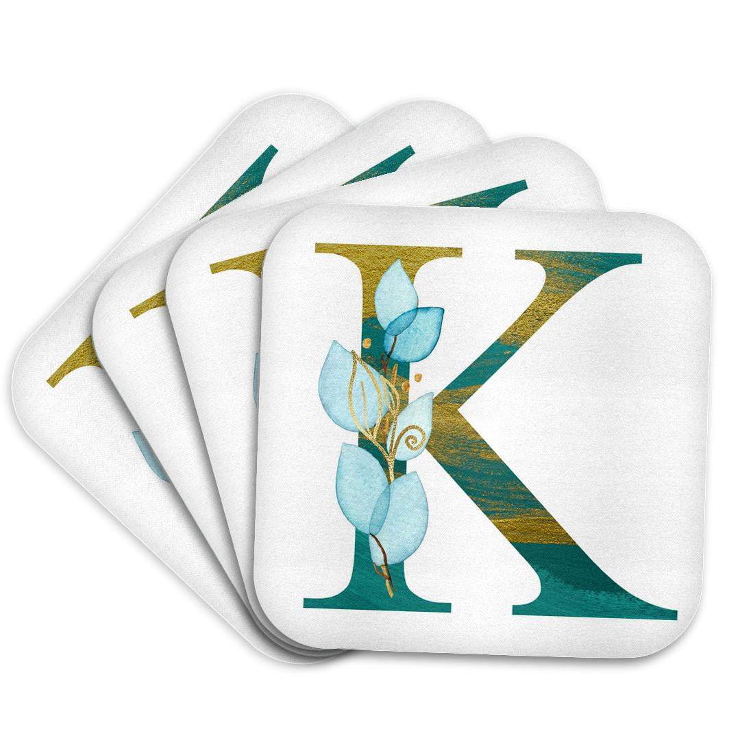 3drose, Turquoise and Image of Gold Leafy Monogram Initial K, Set of 4 ...