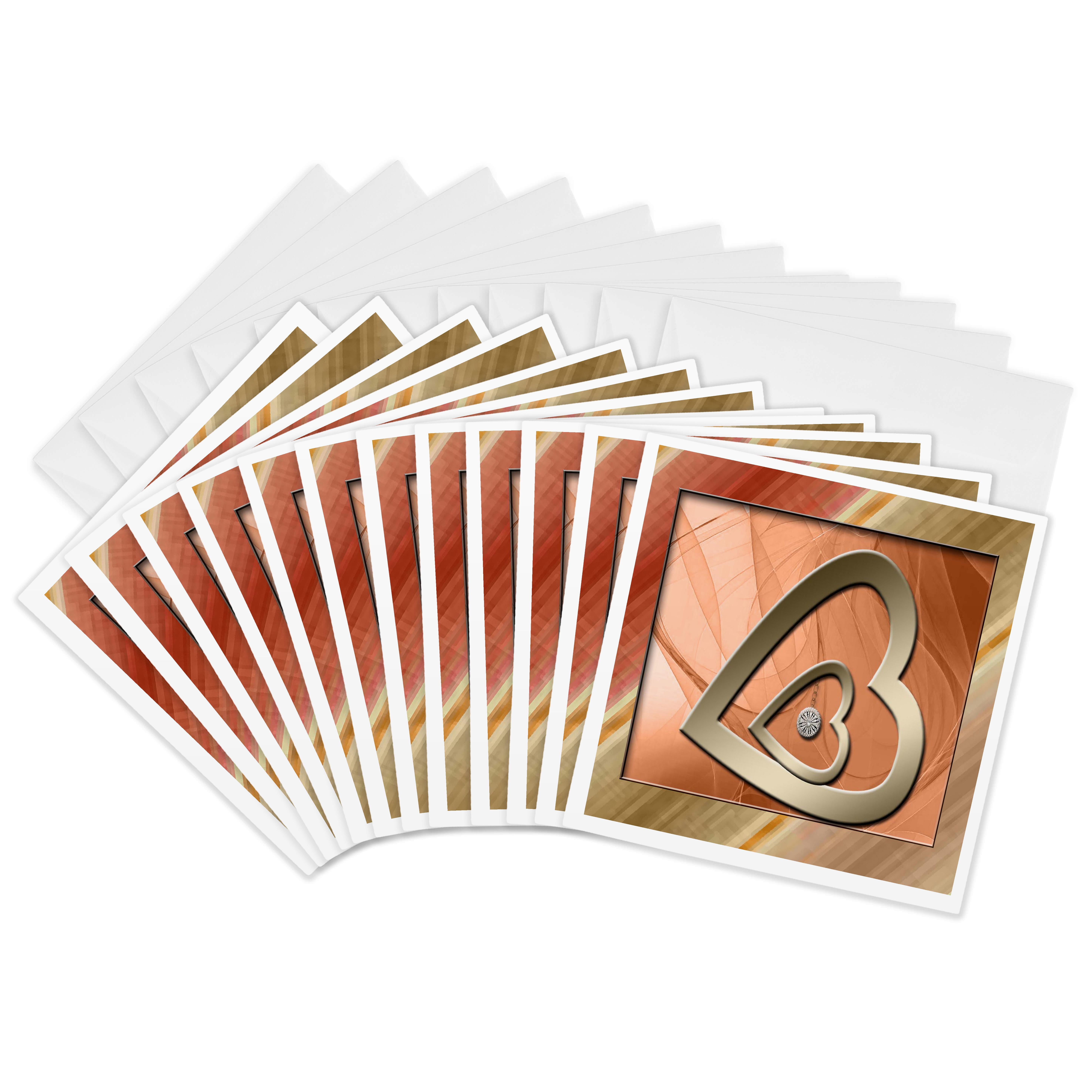 3drose, Two Gold Hearts with Jewel, Peach, 12 Greeting Cards with ...